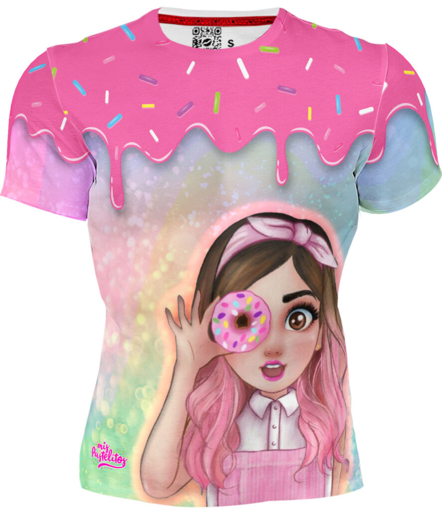 Playera Sublimada Full Print Mis Pastelitos Dona Rosa Color