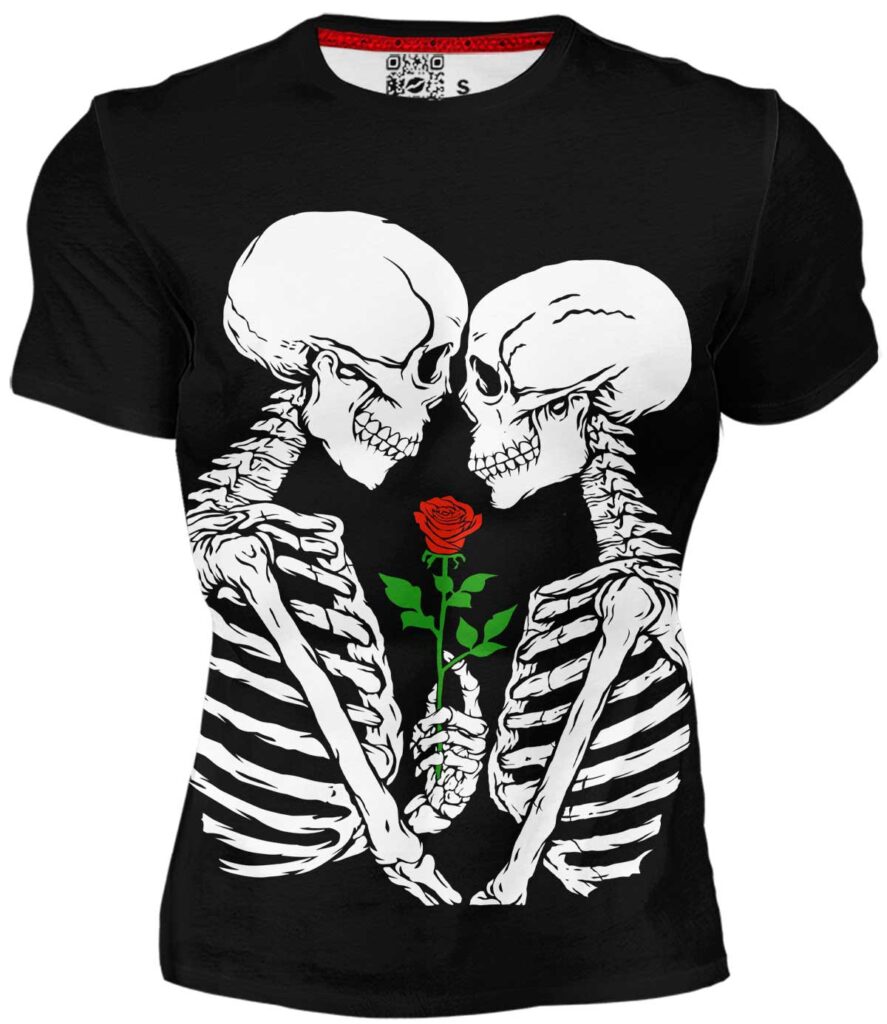 Playera Full Print Sublimada Caballero Calavera Pareja Abrazo Rosa
